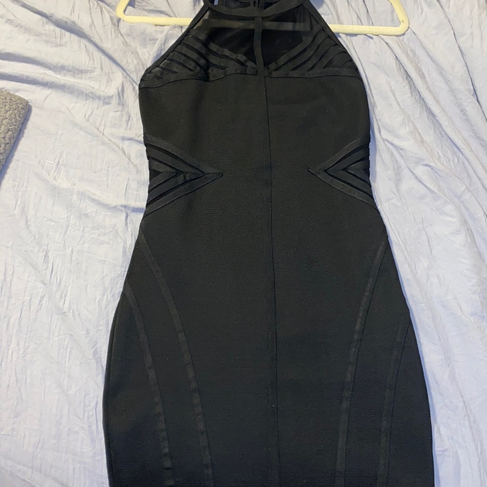 Black Bodycon Dress With Mesh Cut Outs - Gem